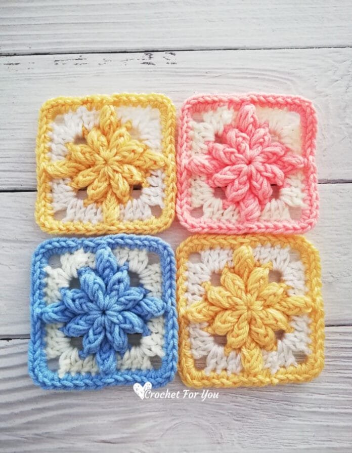 Crochet Bobble Drops Flower Granny Square Free Pattern - Hand Crafted