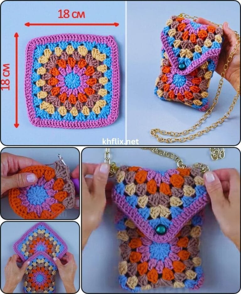 Crochet a Granny Square Multicolor Phone Bag Free Pattern - Hand Crafted