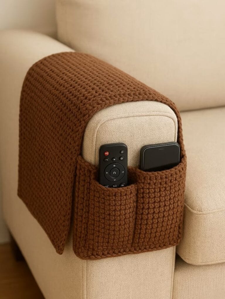 Crocheted sofa arm organizer remote control holder pattern - Hand Crafted