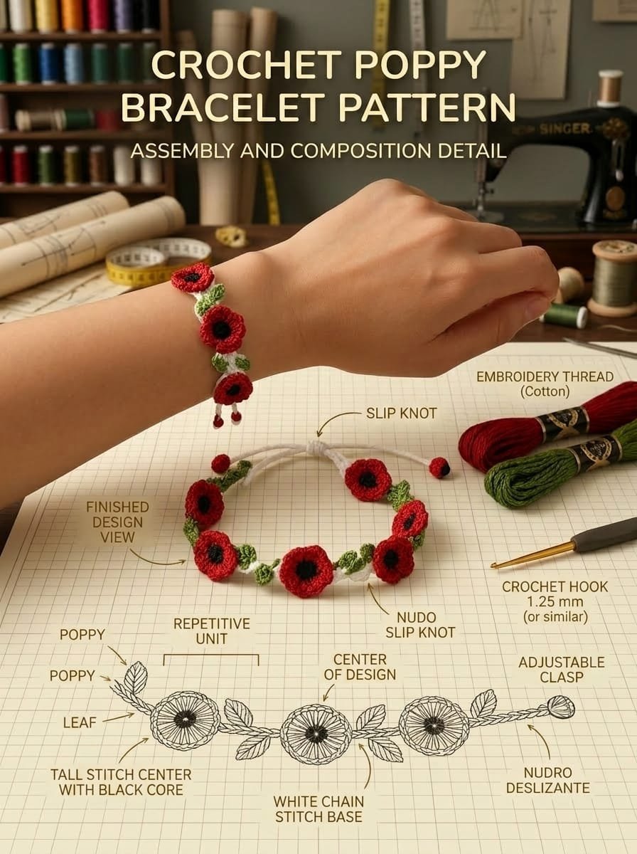 Crochet Poppy Bracelet Pattern - Hand Crafted