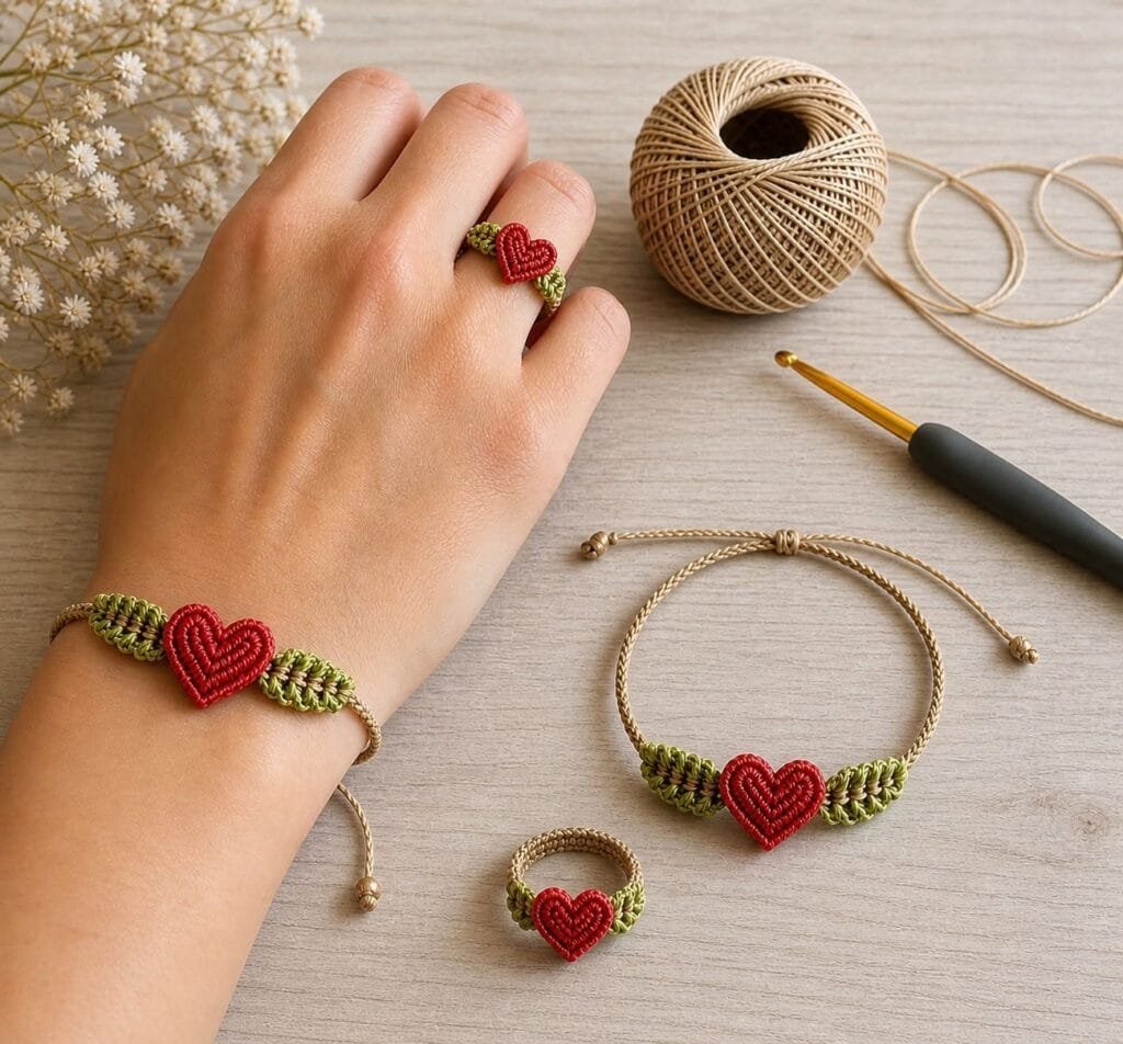 Crochet Bracelet Heart & Leaf Pattern - Hand Crafted